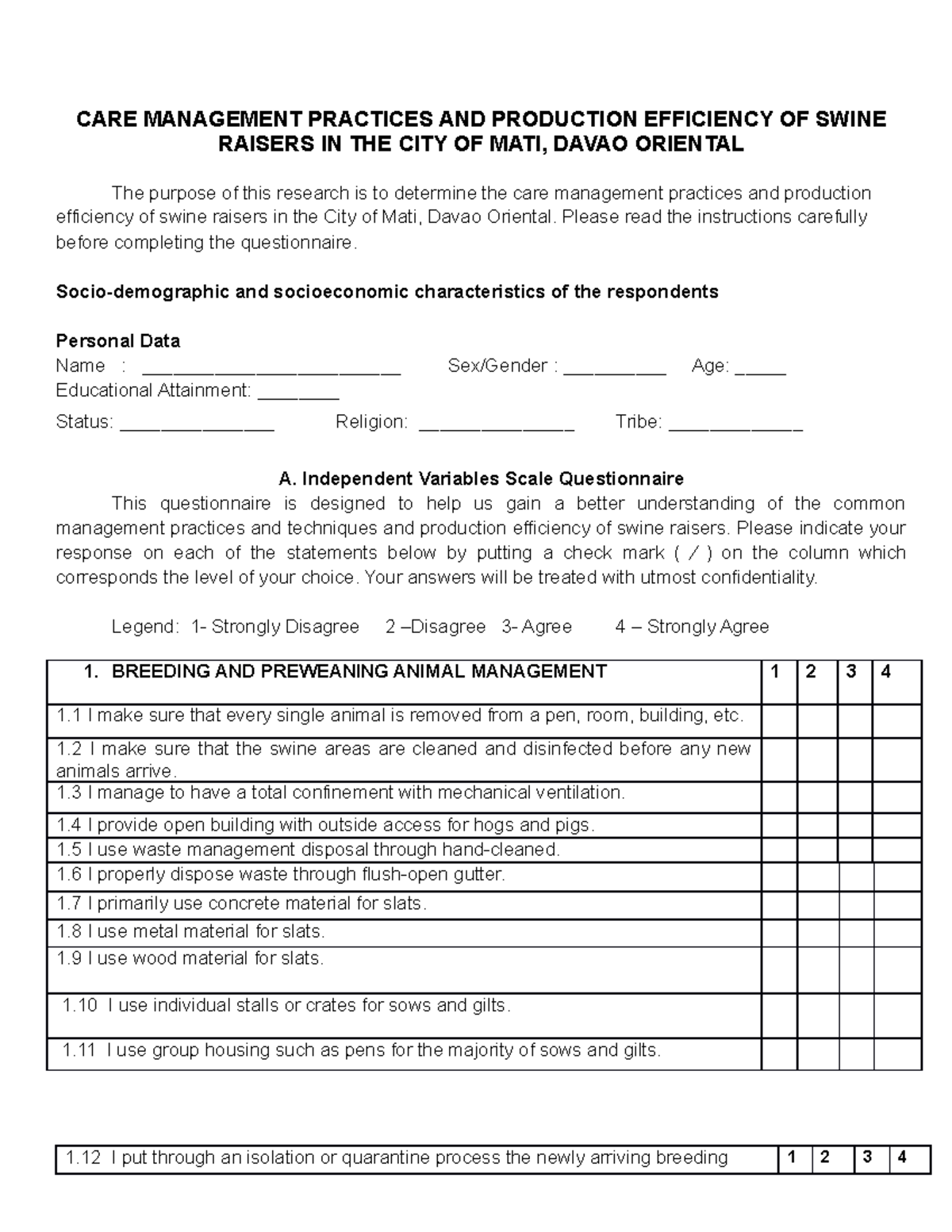 Questionnaire of swine raisers - CARE MANAGEMENT PRACTICES AND ...