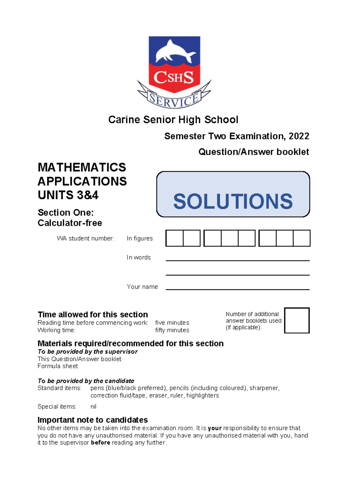 CSHS 2022 Sem 2 Exam - Mathematics Applications Units Solutions - Studocu