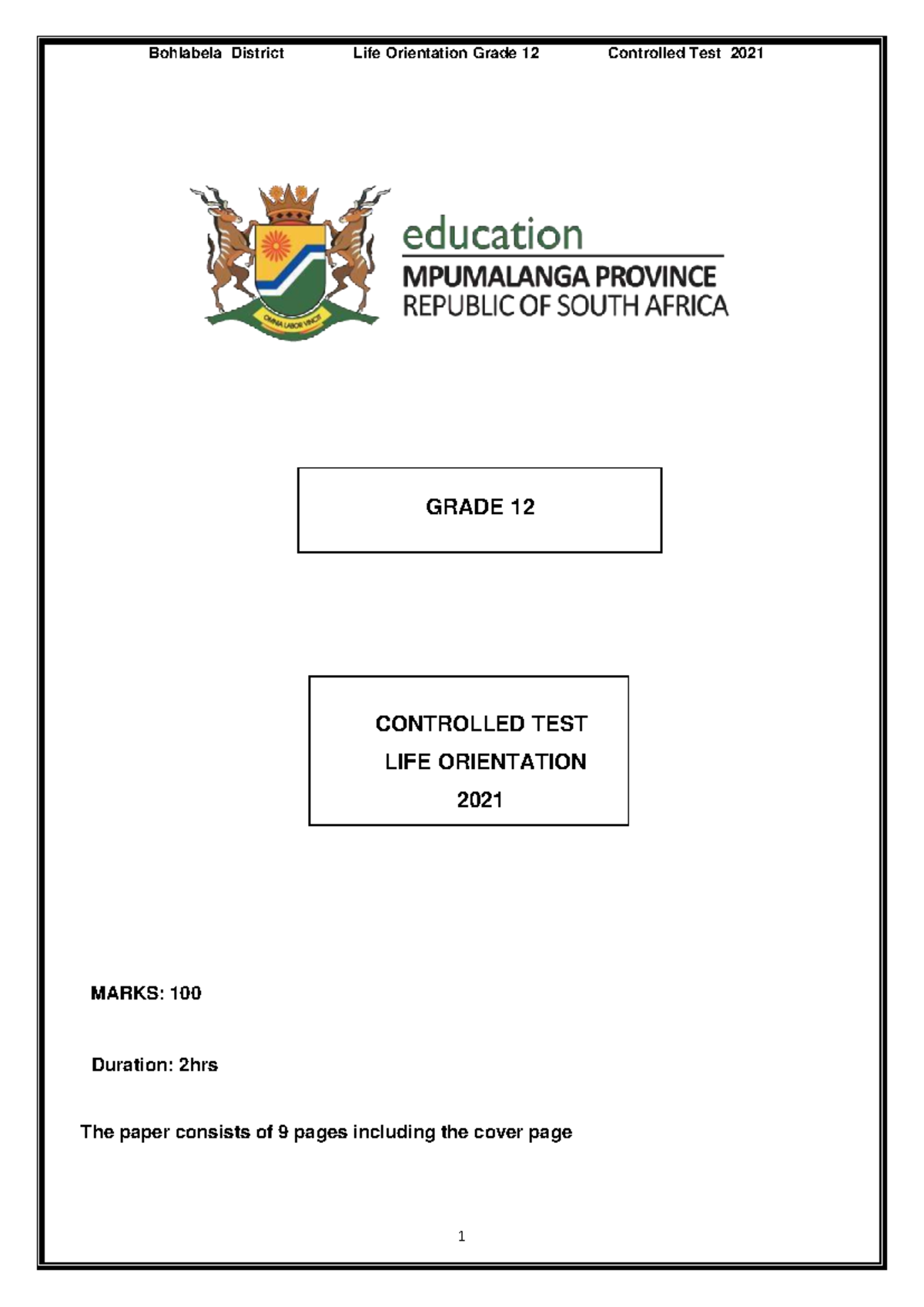 Bohlabela District Grade 12 Life Orientation Controlled Test 2021 - Studocu