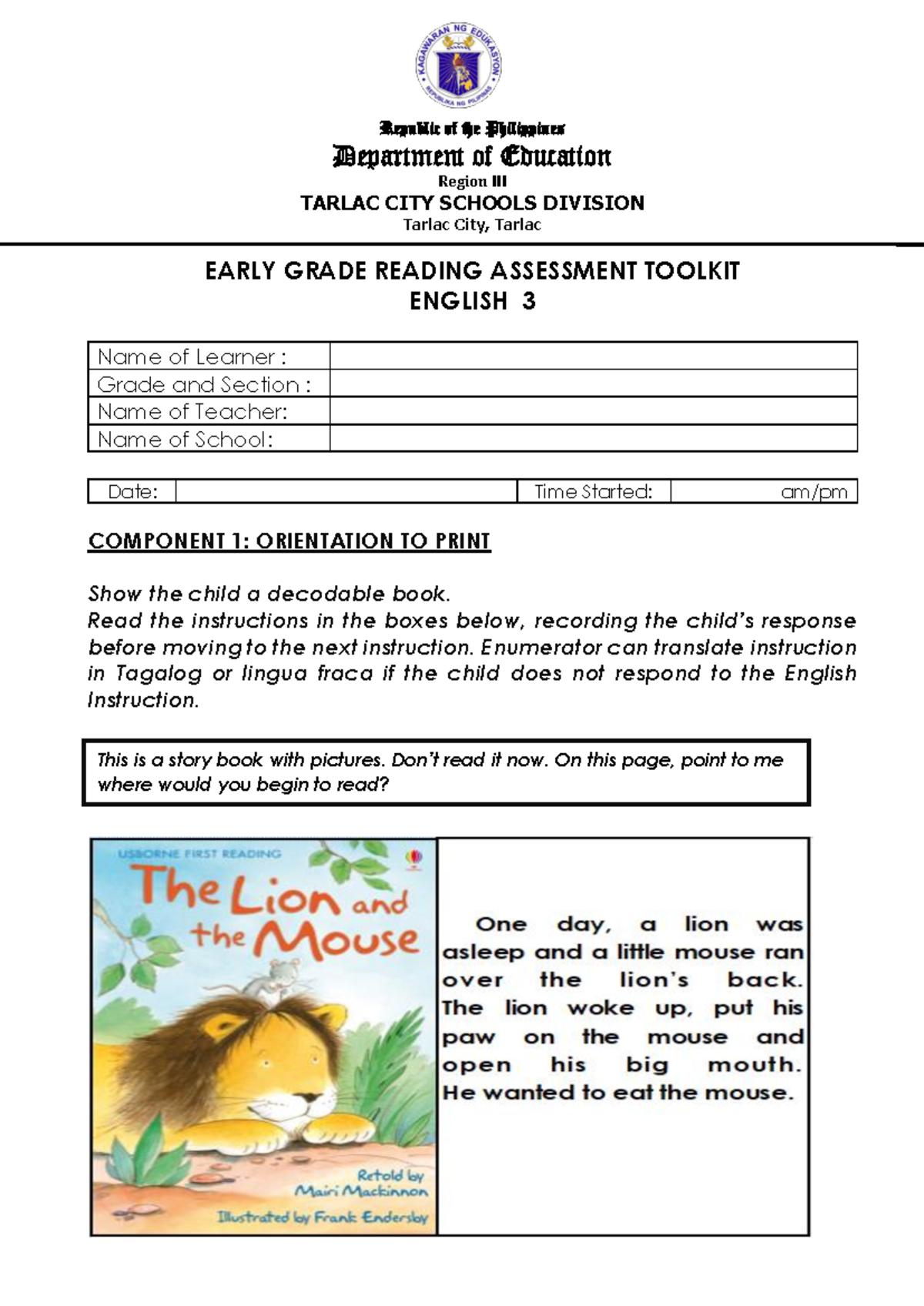 English 3 EGRA Reading Pre-Assessment Toolkit and Guidelines - Studocu