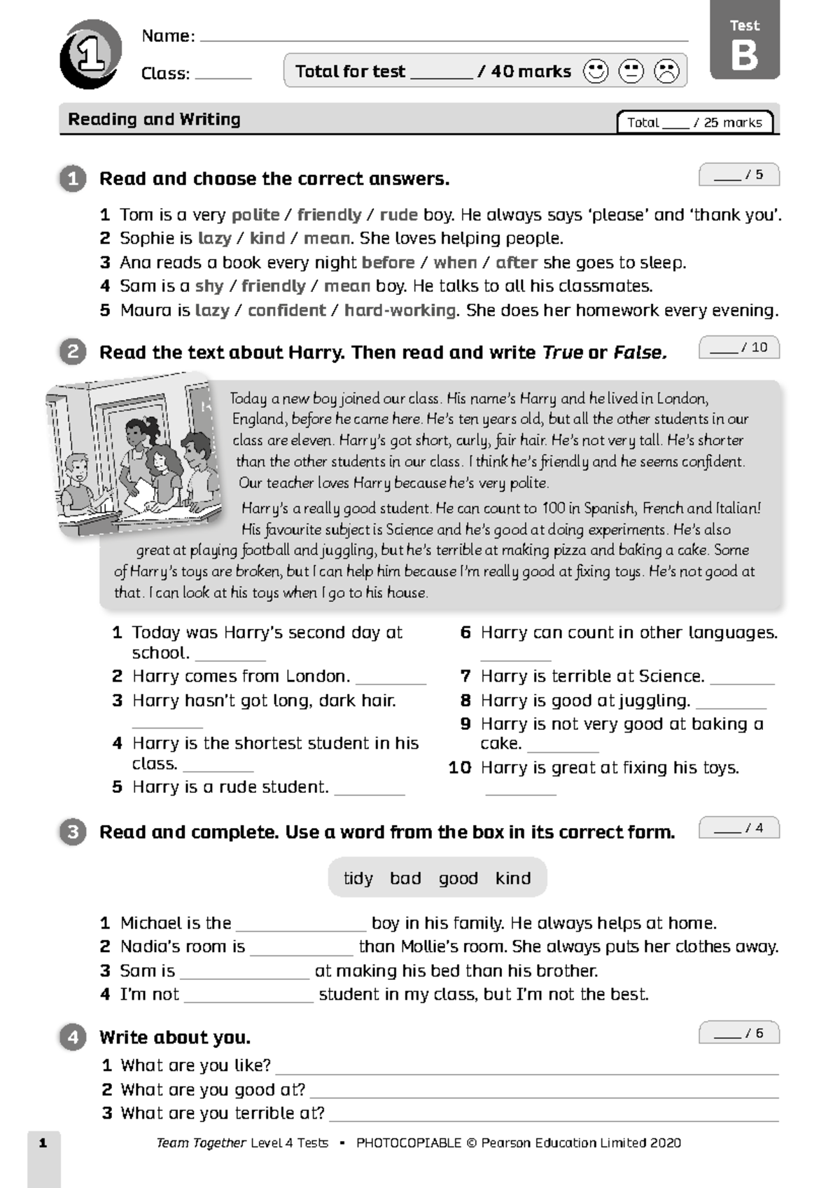 TT4 Unit 1B Test: Reading, Writing, Listening & Speaking Activities ...