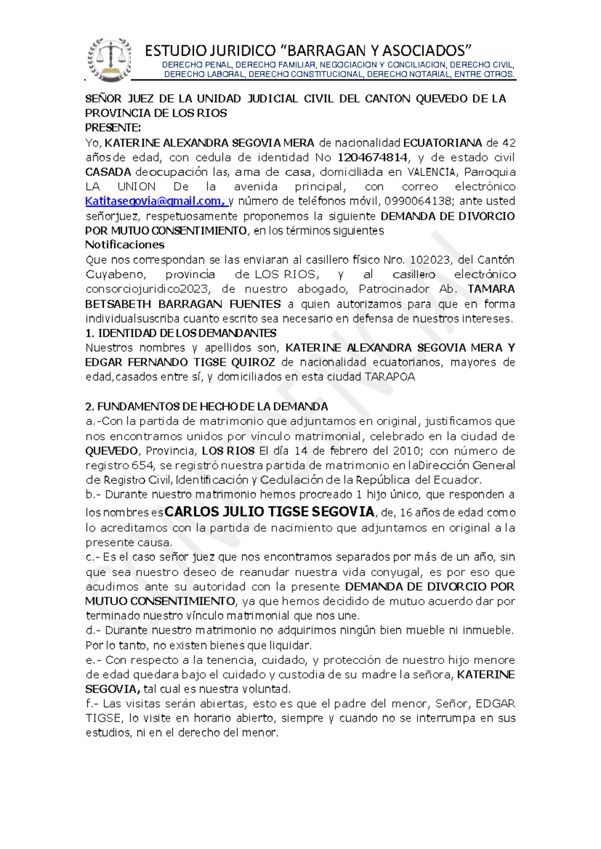 Demanda de Divorcio por Mutuo Acuerdo en Ecuador - Caso K. Segovia & E ...