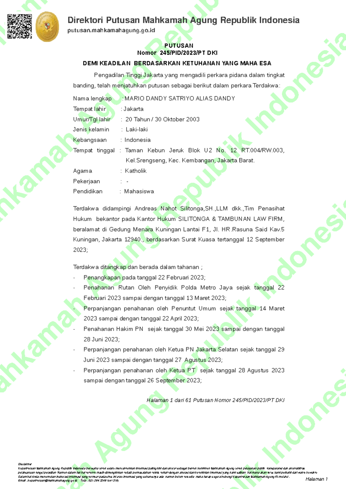 Putusan Pidana Nomor 245/Pid/2023 PT DKI: Kasus Mario Dandy Satriyo ...