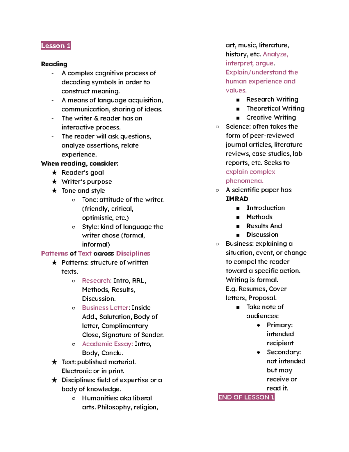 Reading and Writing Skills - Lesson 1: Cognitive Processes in Decoding ...
