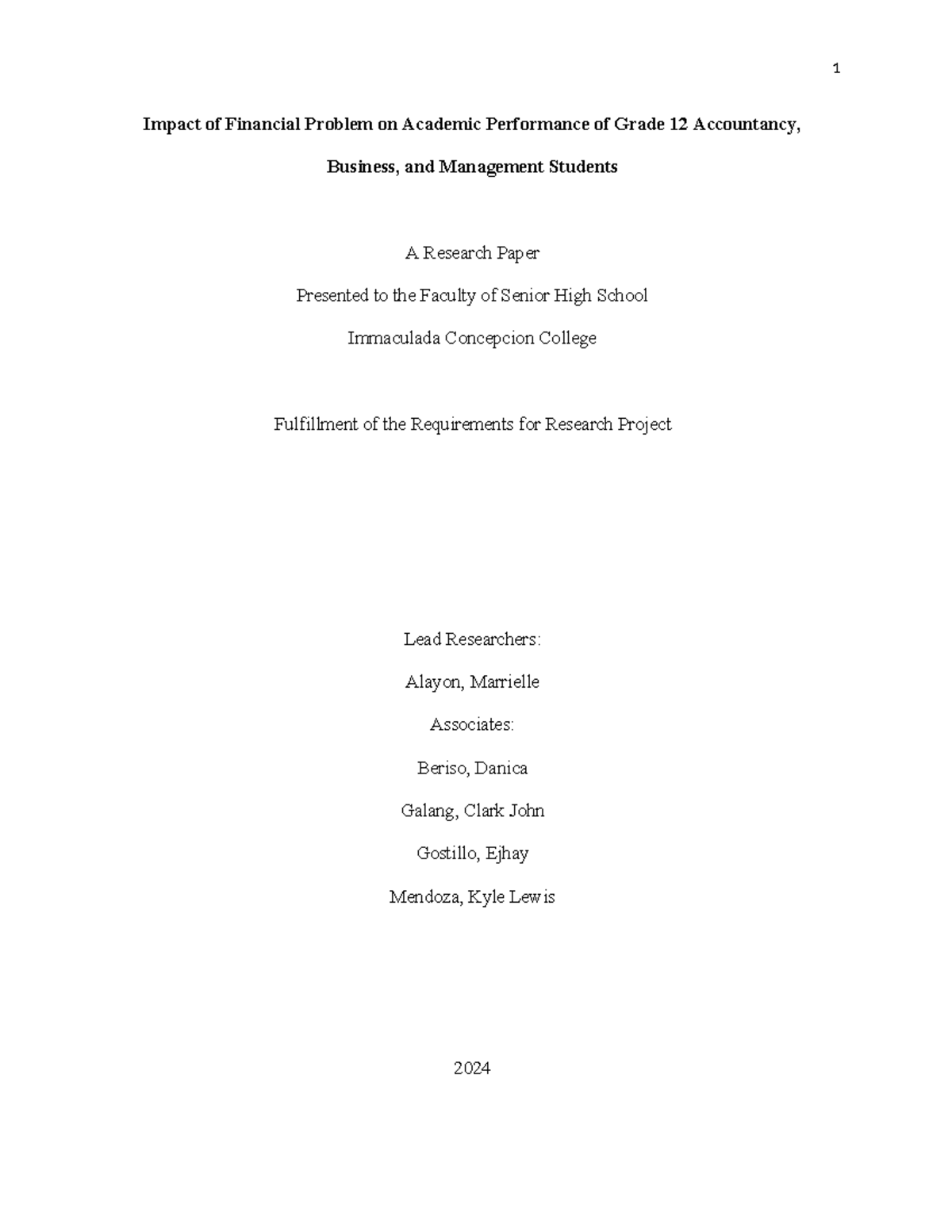 Impact of Financial Problems on Academic Performance of Grade 12 ABM ...