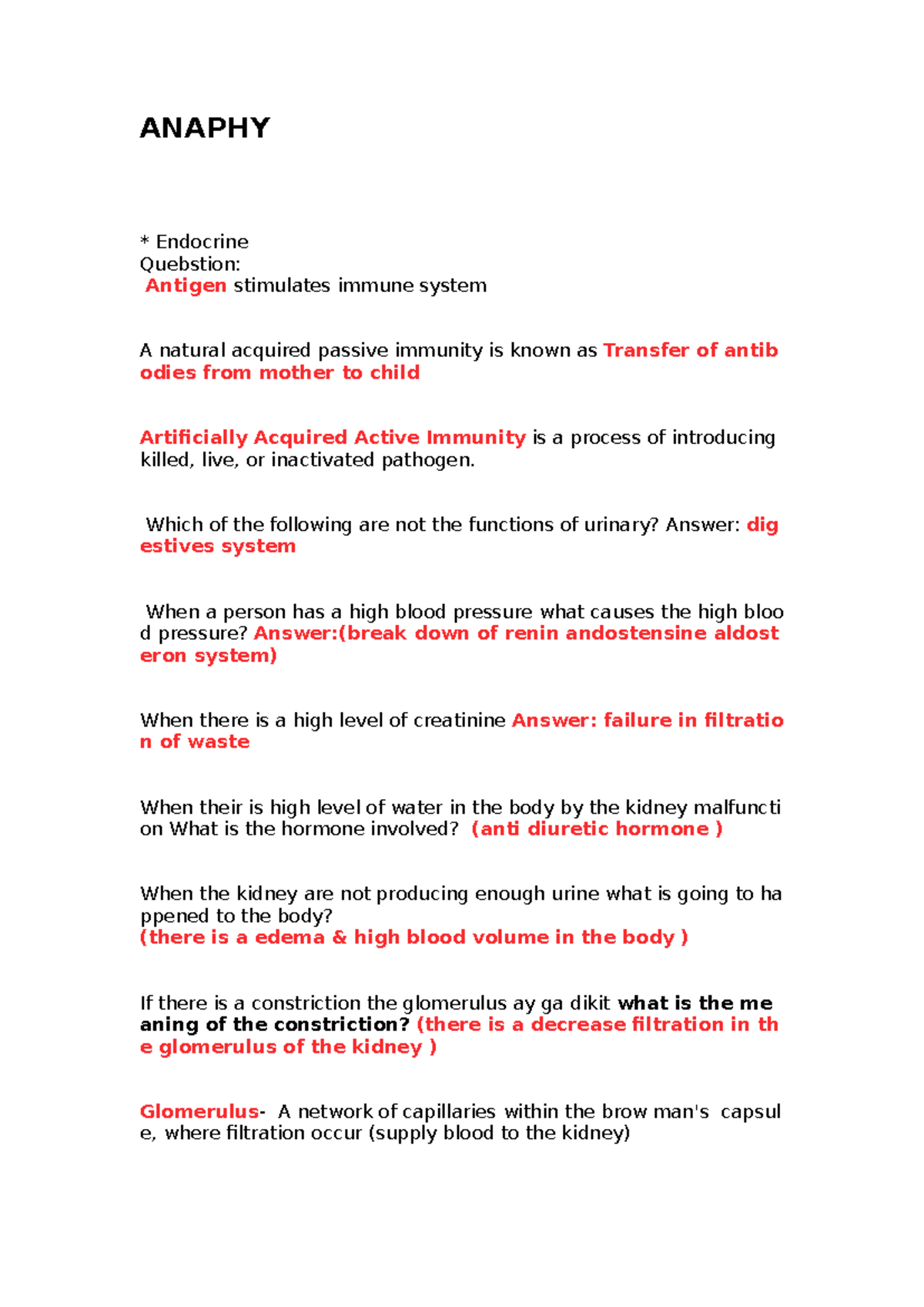 ANAPHY Endocrine & Urinary System Study Notes - Studocu