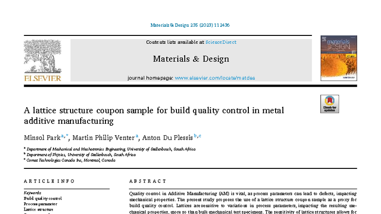 Lattice Structure Coupon Samples for Build Quality Control in Metal AM ...