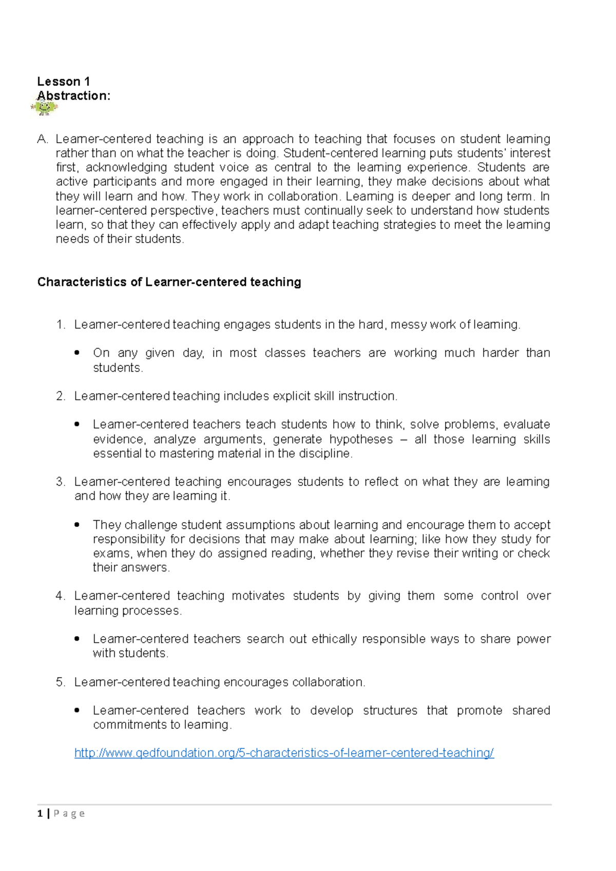 Ped 5 reviewr - Prof. Ed 5 - Lesson 1 Abstraction: A. Learner-centered ...