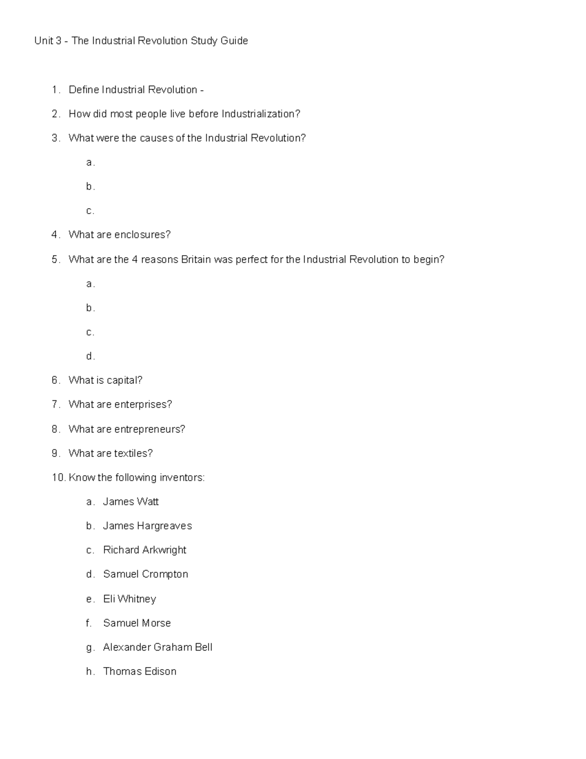 Unit 3 Industrial Revolution Study Guide: Key Concepts & Inventors ...