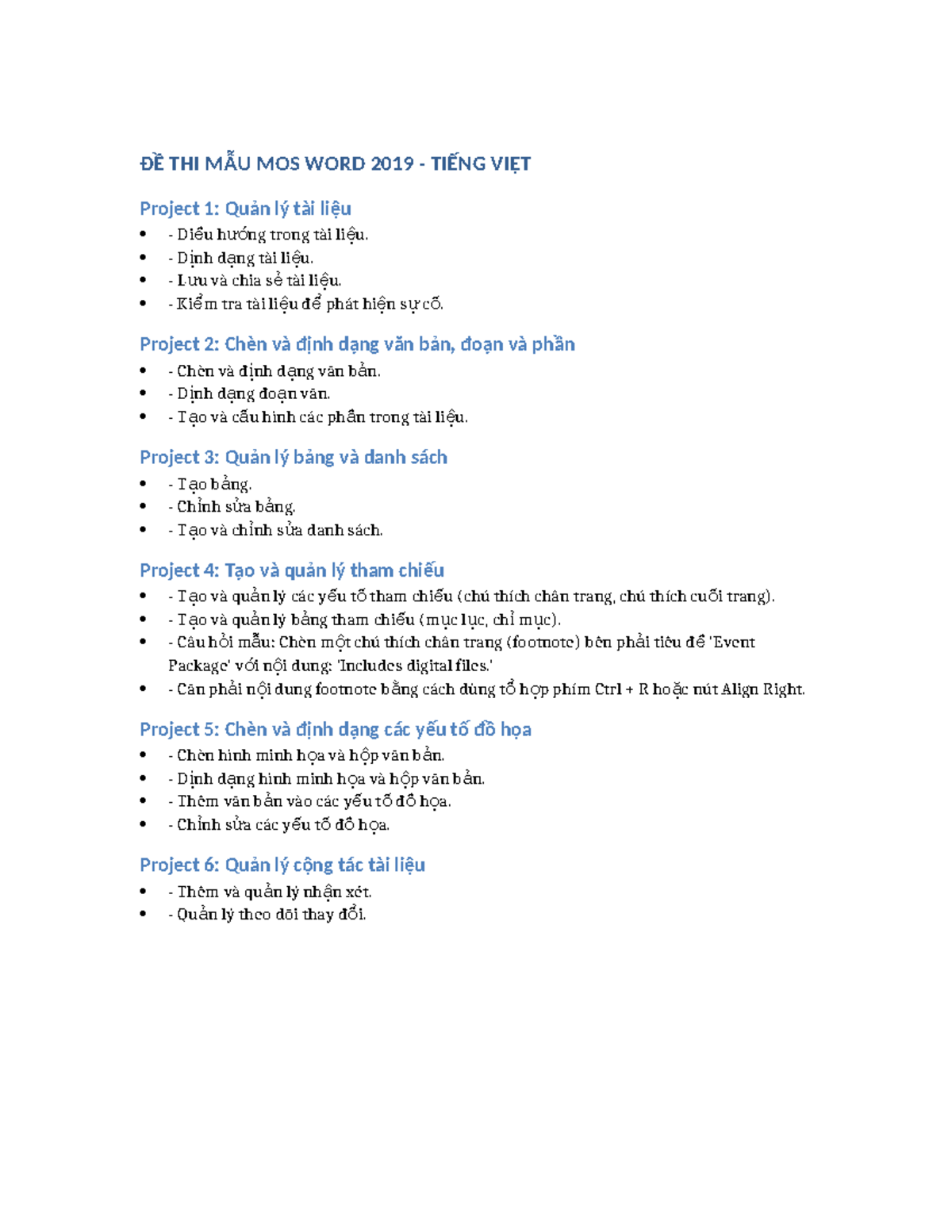 ĐỀ THI MẪU MOS WORD 2019 TIẾNG VIỆT: Hướng Dẫn Dự Án và Câu Hỏi - Studocu