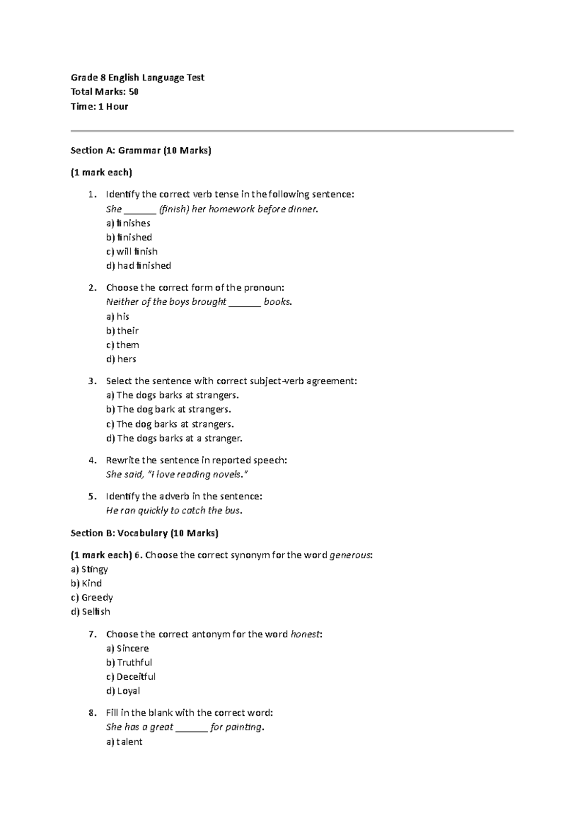 Grade 8 English Language Test - Total Marks: 50 - Studocu