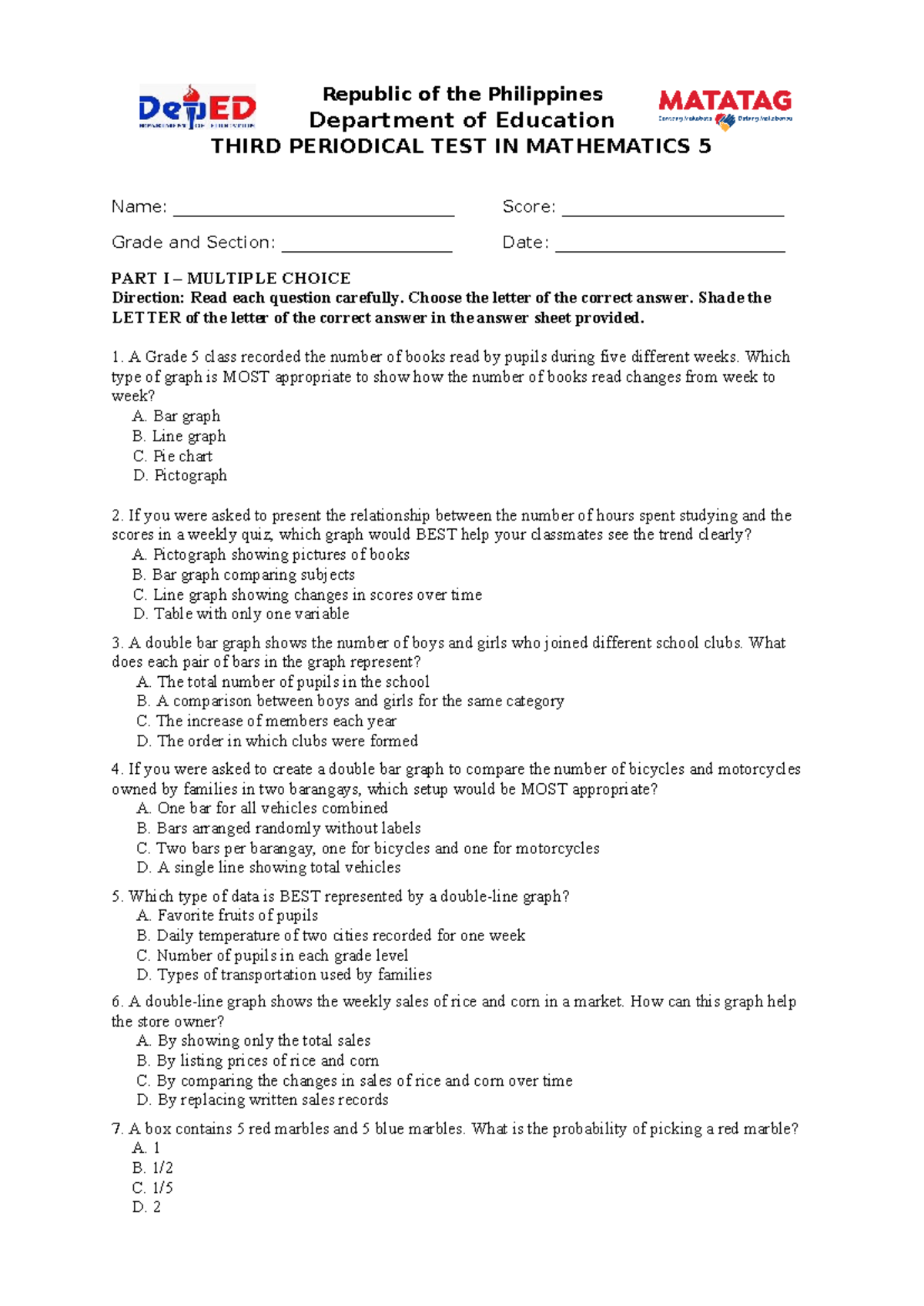DTC PT Q3 MATHEMATICS 5 Periodical Test with Answer Key - Studocu