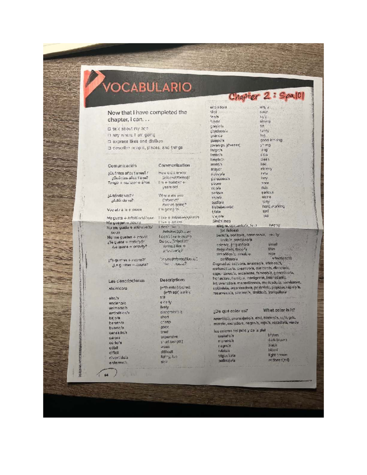 VOCABULARIO Chapter 2 Study Guide for Course Code: SPA101 - Studocu