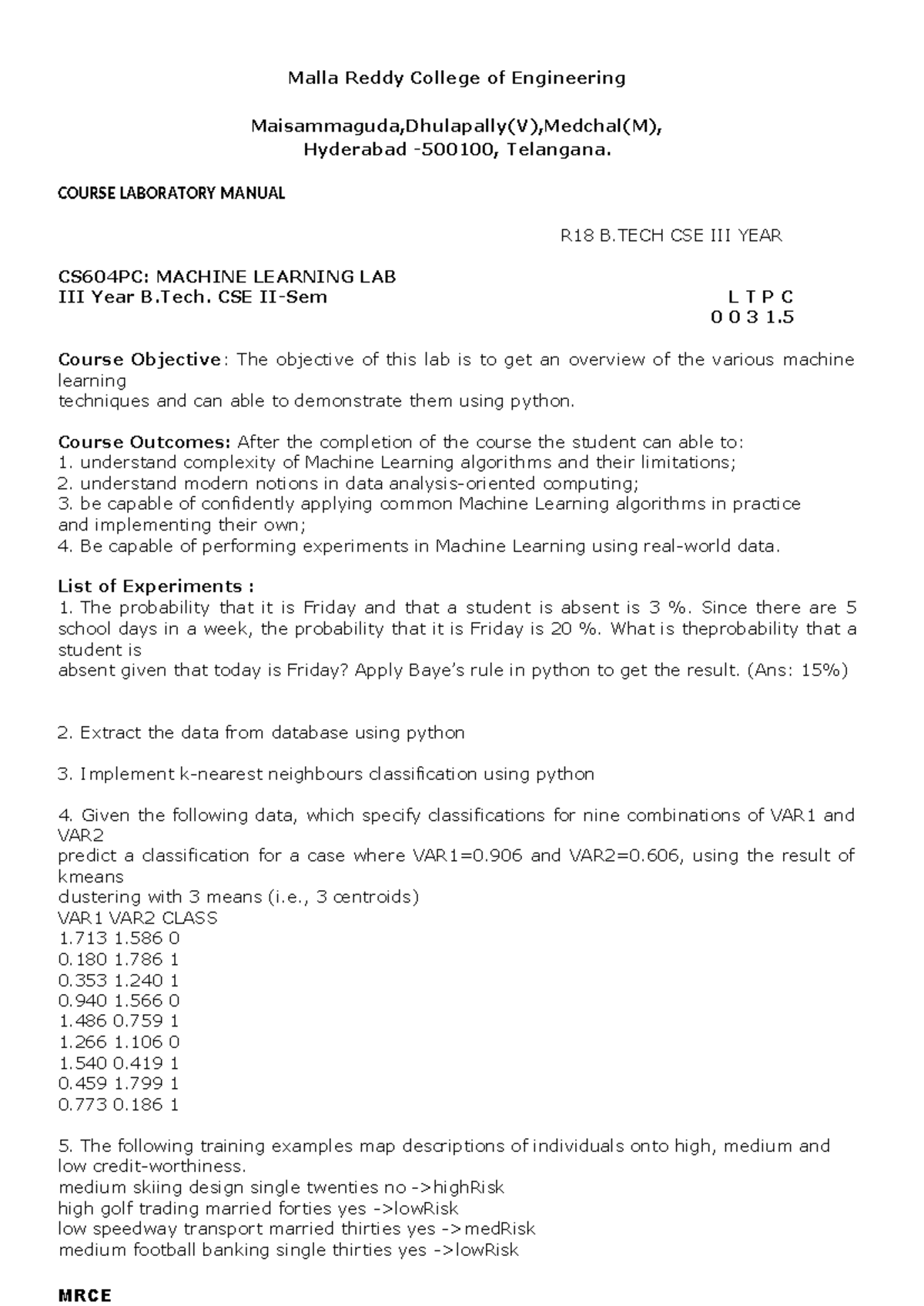 ML Lab Manual - R18 B.Tech CSE CS604PC Machine Learning Lab - Studocu