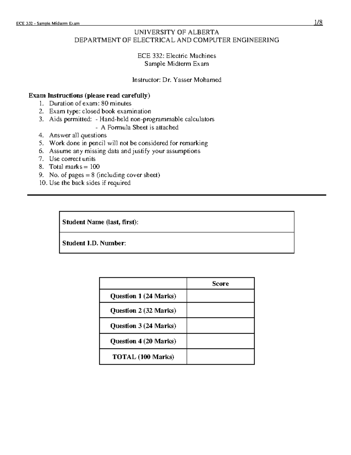 ECE 332 Sample Midterm Exam - Electric Machines (Dr. Yasser Mohamed ...