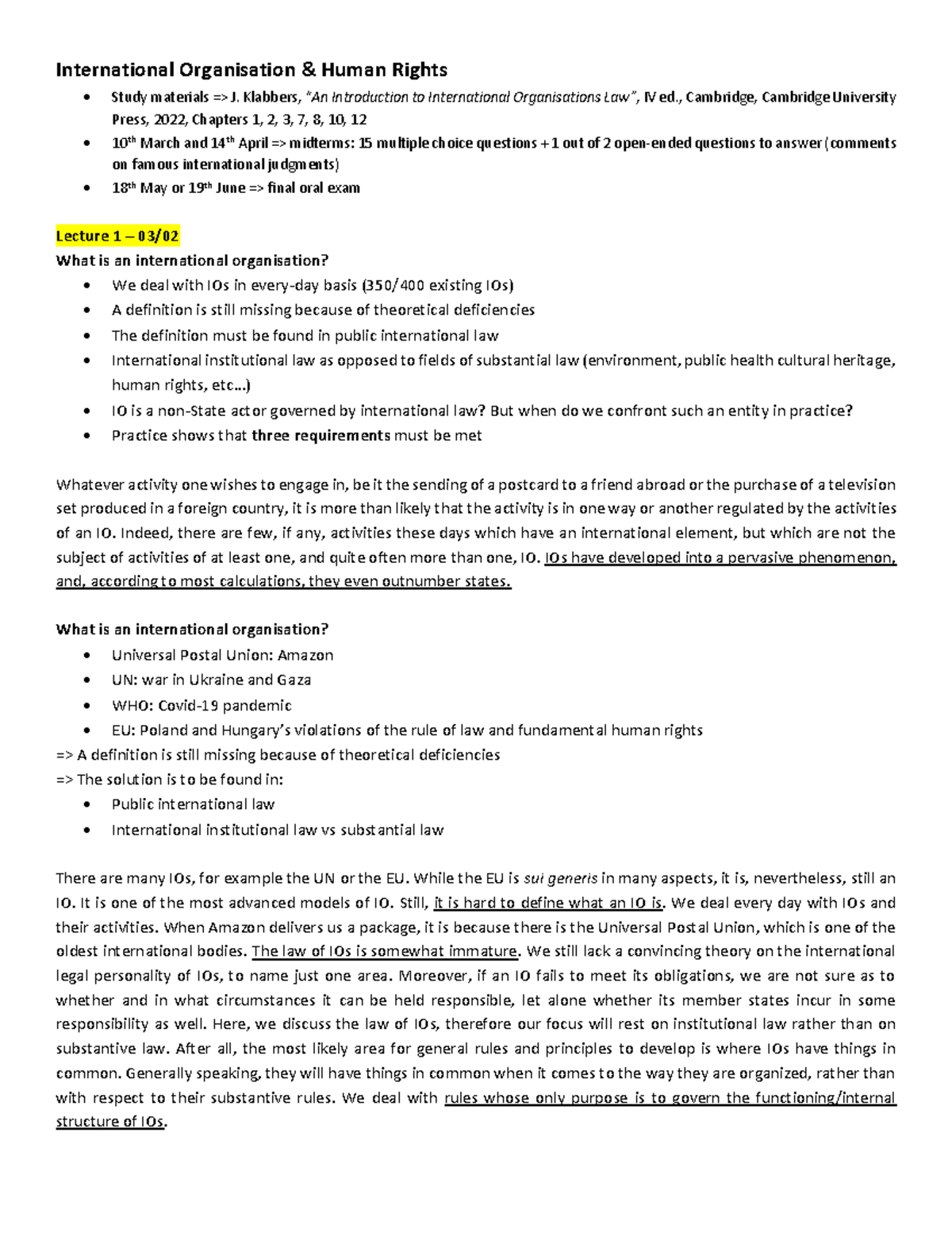 International Organisation & Human Rights - Lecture Notes - Studocu