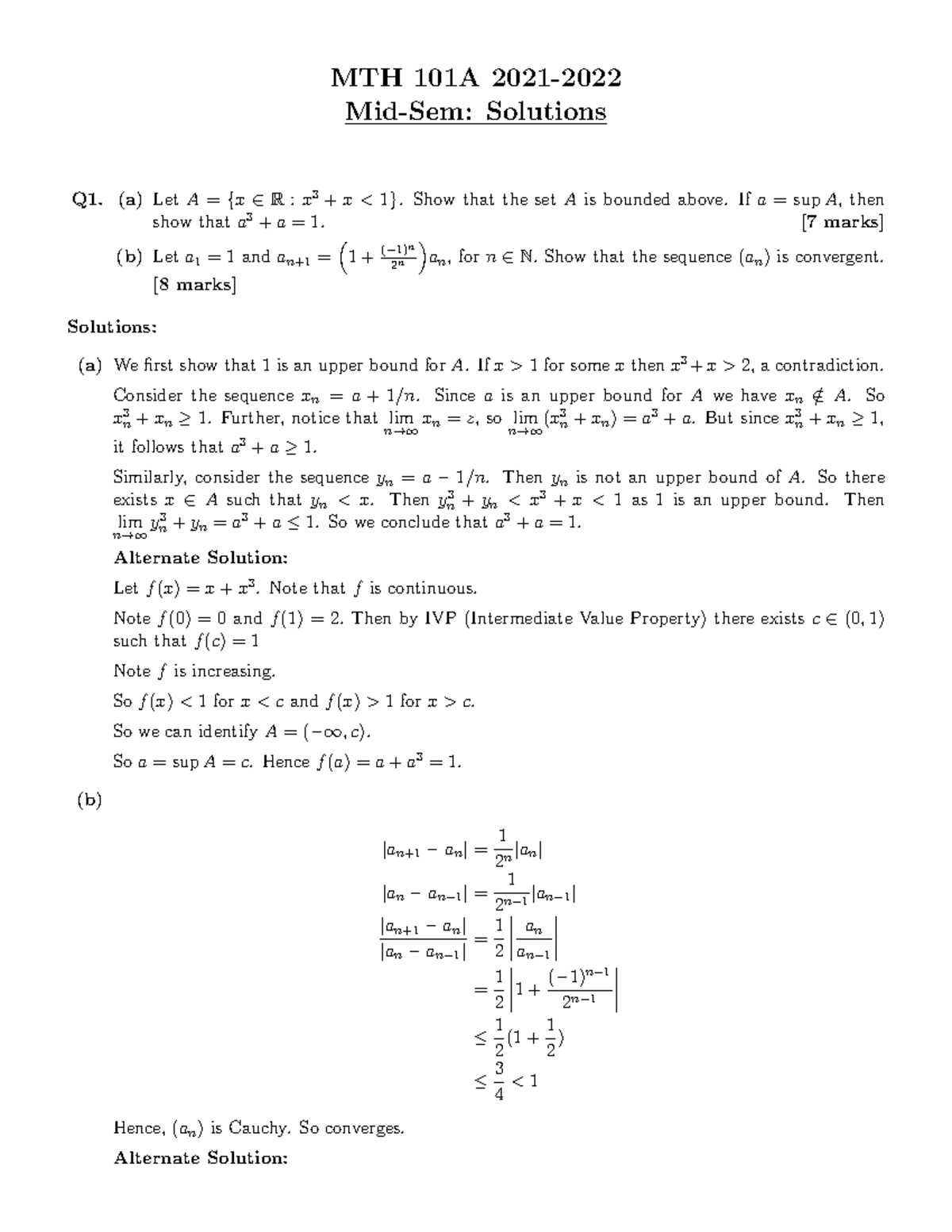 MTH 101A 2021 Mid-Sem Solutions and Explanations - Studocu