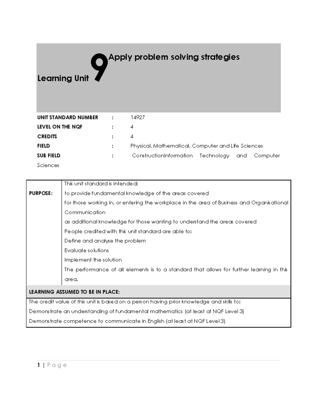 Apply problem solving strategies - Learning Unit 9 UNIT STANDARD NUMBER : 14927 LEVEL ON THE NQF ...