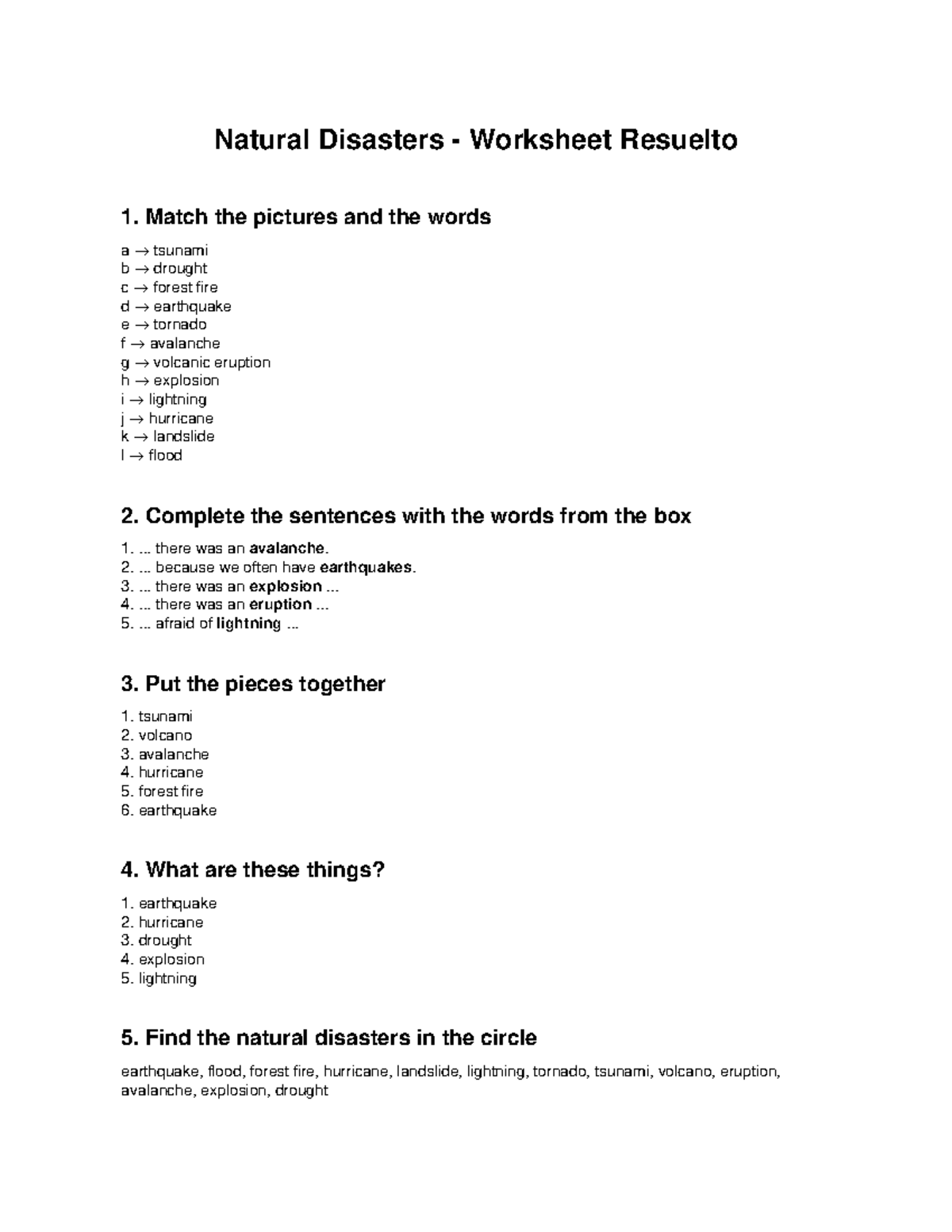 Natural Disasters Worksheet Resuelto: Matching & Activities - Studocu