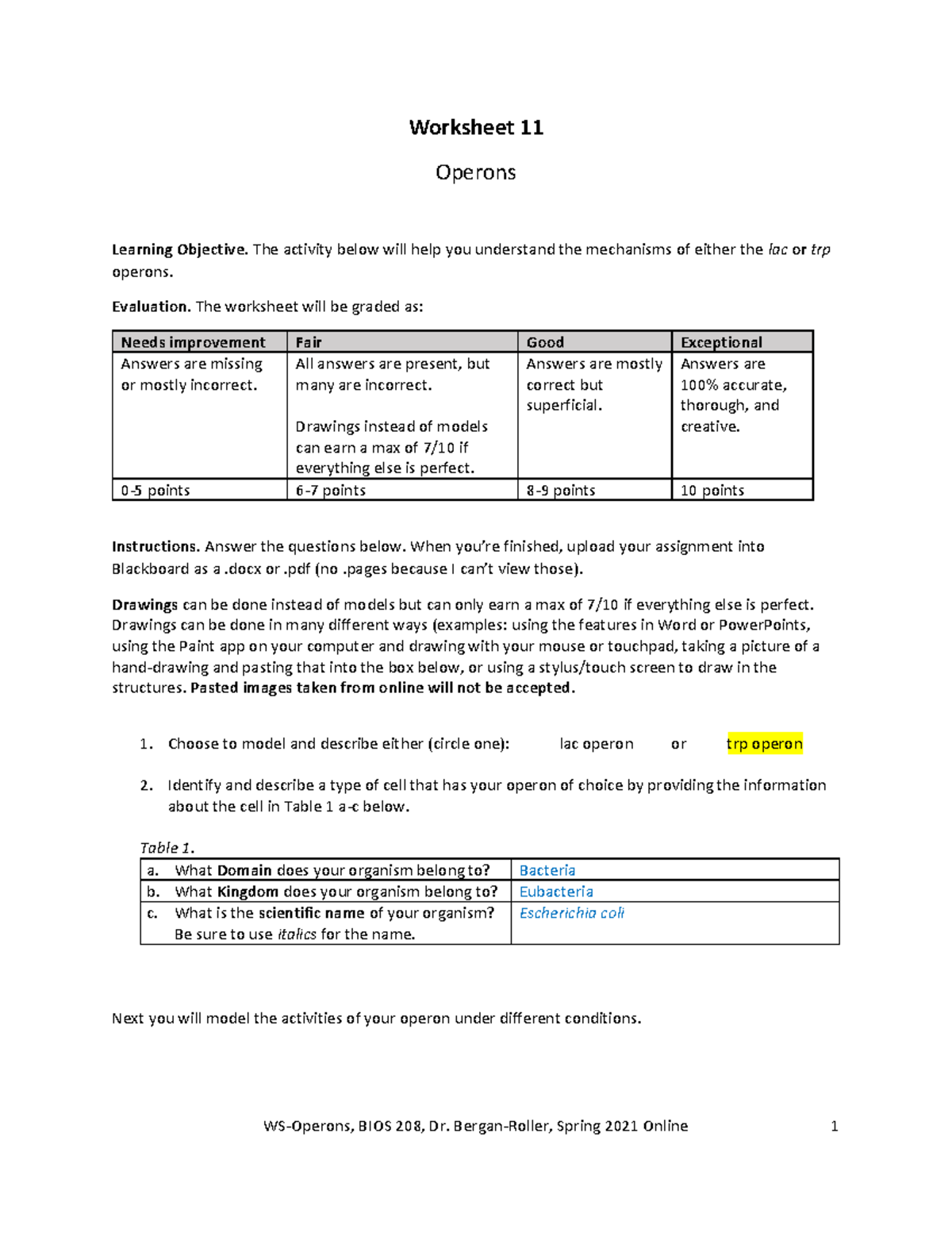 Worksheet 11: Understanding Lac and Trp Operons in Depth - Studocu