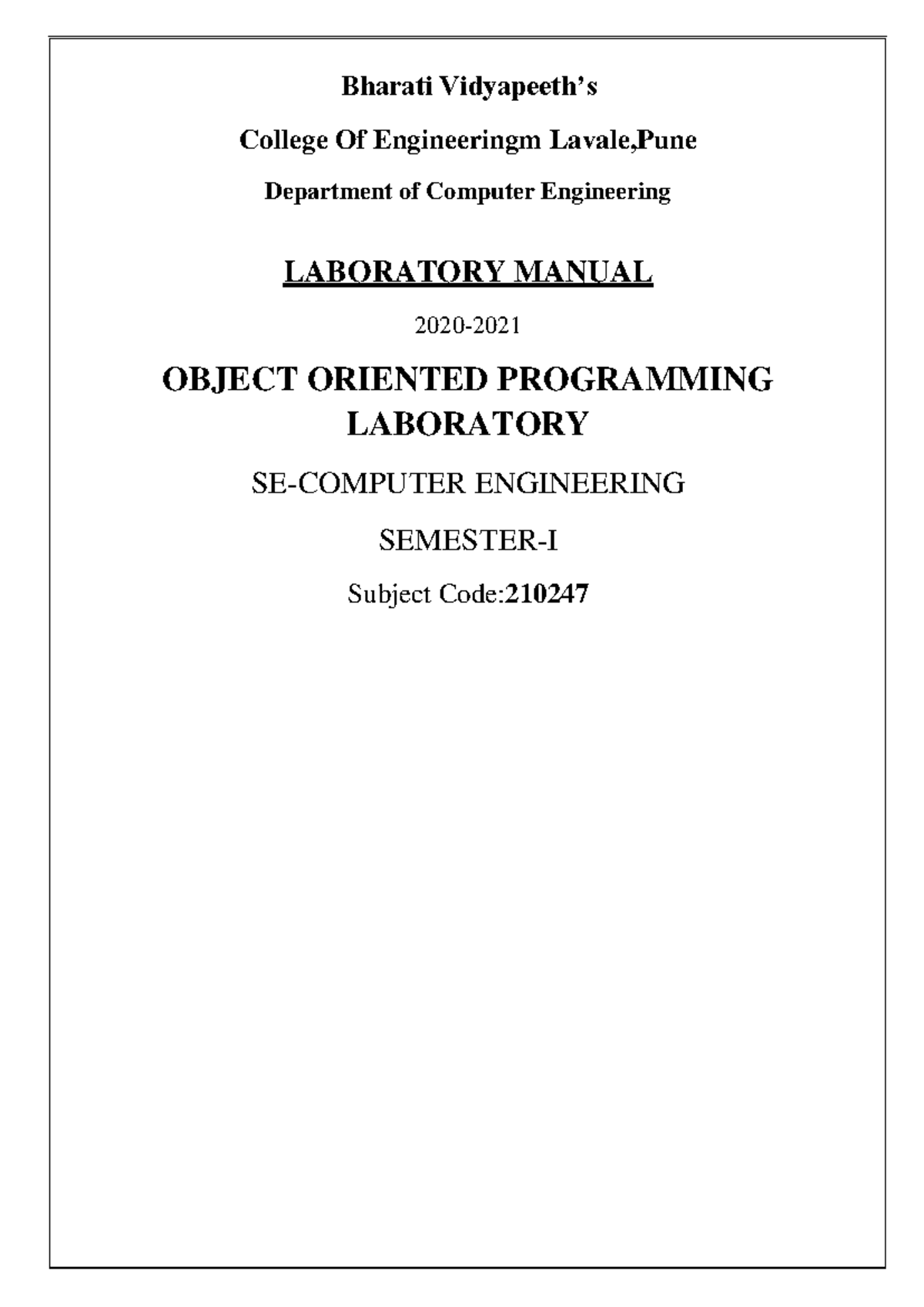SPPU SE OOP Lab Experiments/assignments Manual - ####### Bharati ...