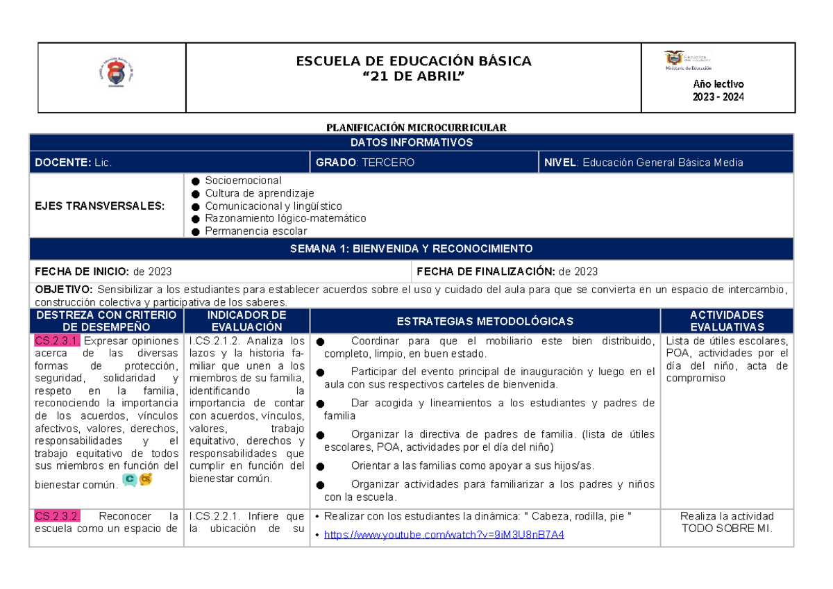 Plan Semanal Tercer Grado 2023-2024: Clases y Actividades Iniciales ...