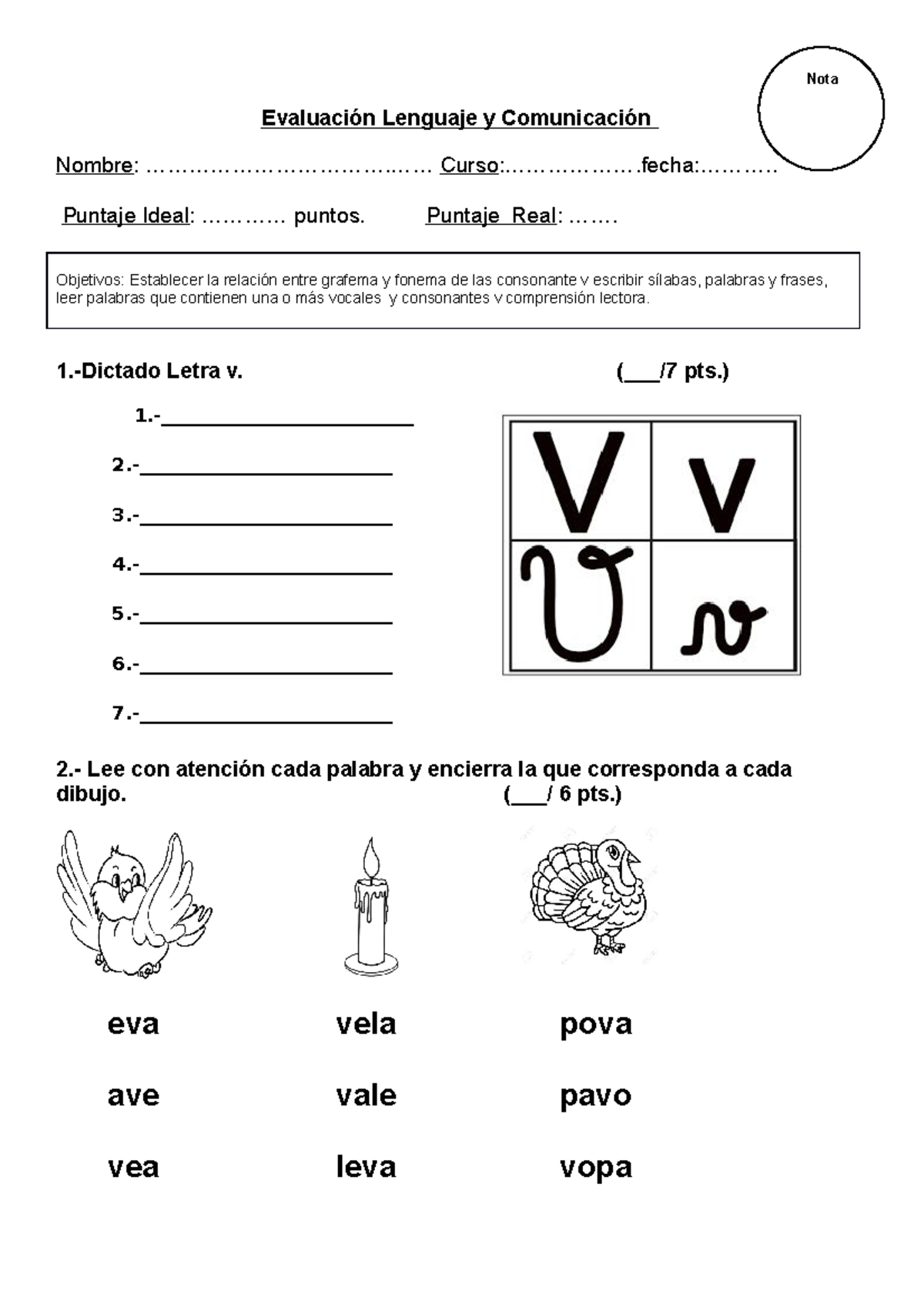 Evaluación Lenguaje letra V - Evaluación Lenguaje y Comunicación Nombre ...