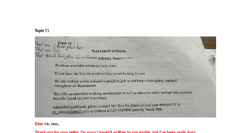 Formal - Topic 11 Dear Mr. Neo, Thank you for your letter. I’m sorry I ...