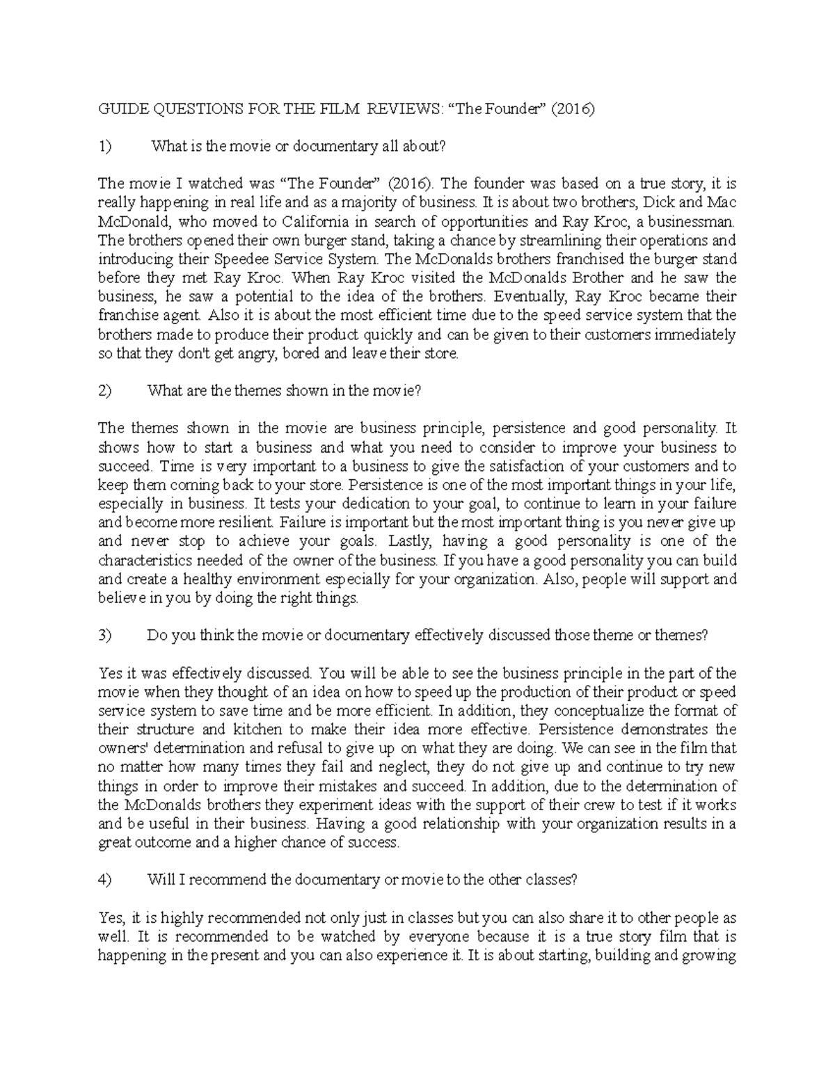 The Founder - Lectures - GUIDE QUESTIONS FOR THE FILM REVIEWS: “The ...