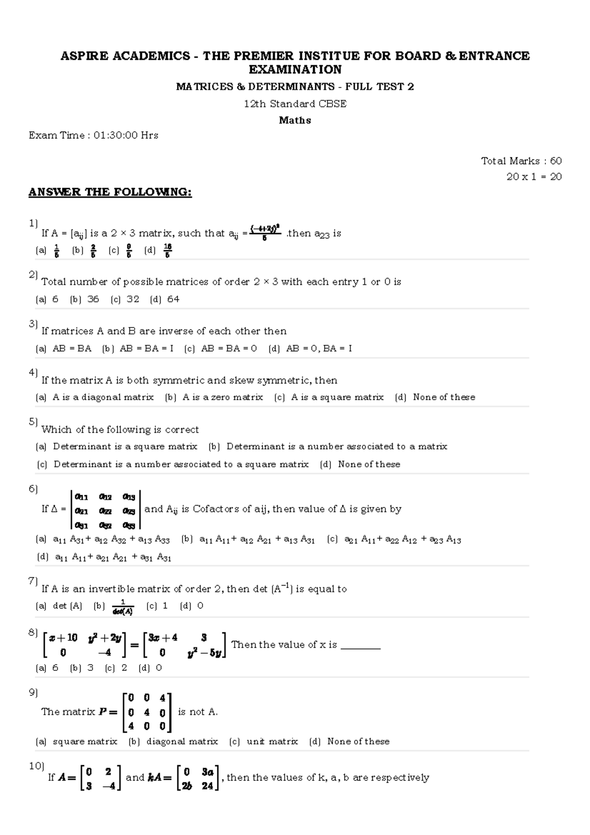 Matrices & Determinants - CBSE 12th Standard Full Test 2 - Studocu