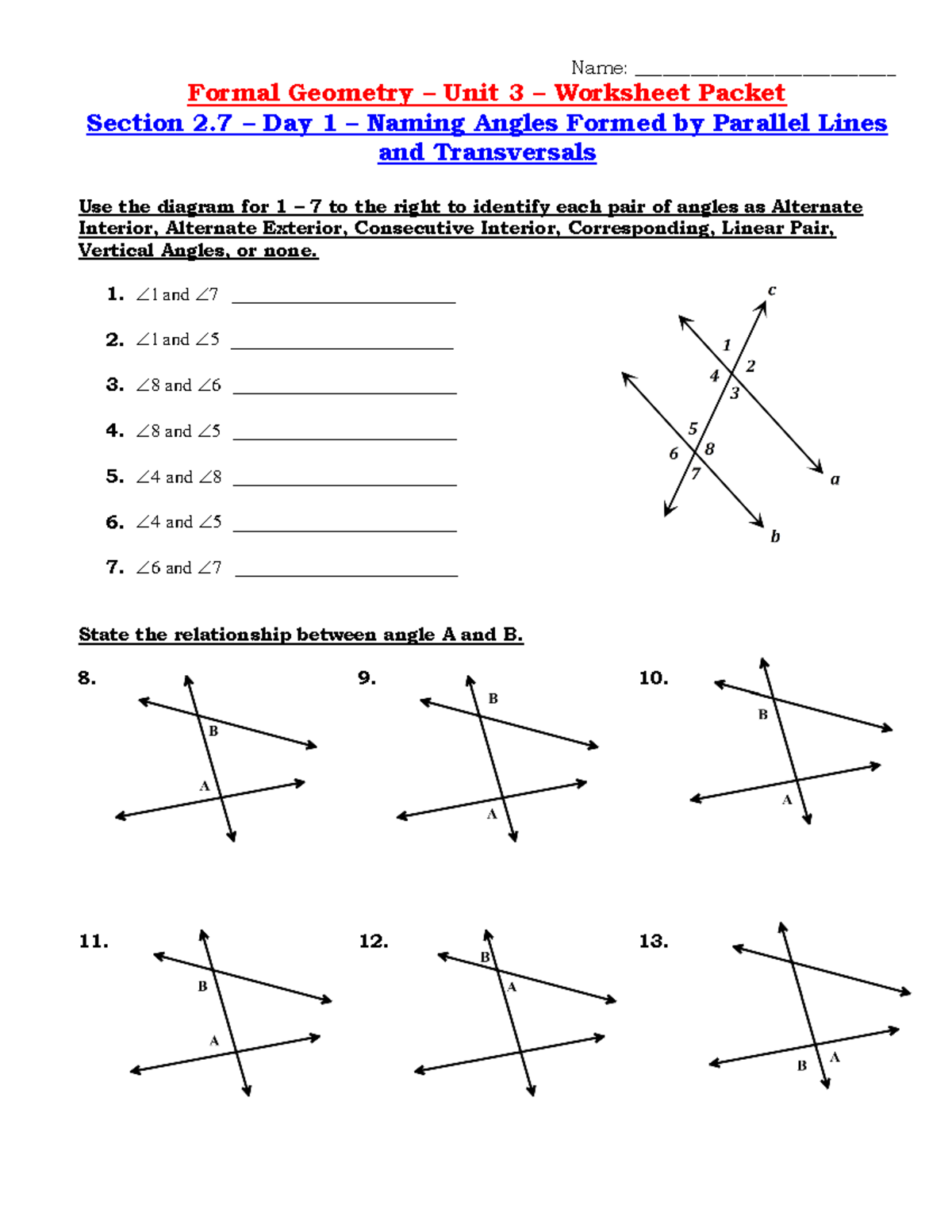 Formal Geometry Unit 3 Worksheet: Naming Angles & Relationships - Studocu