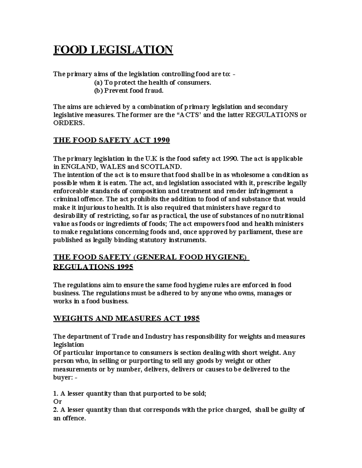 FOOD 101: Key Notes on Food Legislation and Safety Standards - Studocu