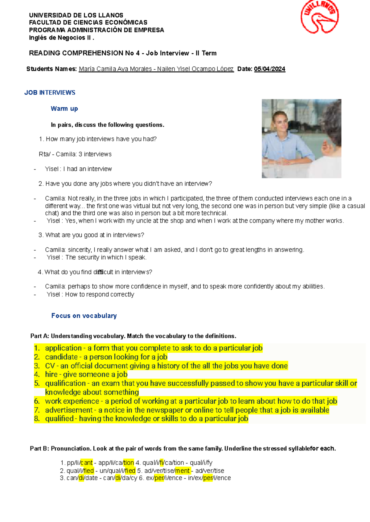 Reading Comprehension Worksheet No. 4: Job Interviews - Inglés II - Studocu
