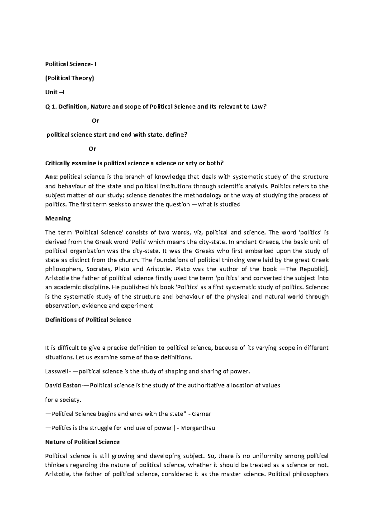 BL-1003 Political Science – I: Political Theory Unit I Overview and ...