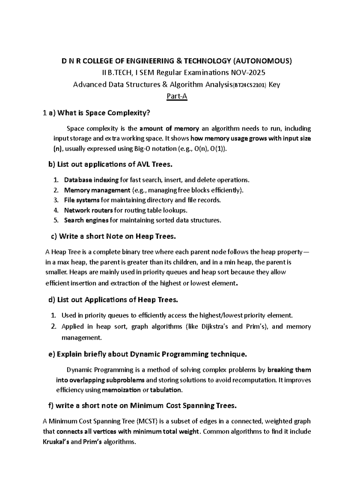 Advanced Data Structures & Algorithm Analysis (BT24CS2101) Exam Key - Studocu