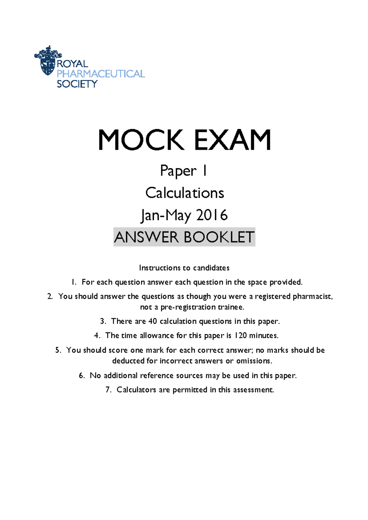[2016 ][RPS] Paper 1 Question Paper - MOCK EXAM Paper 1 Calculations ...