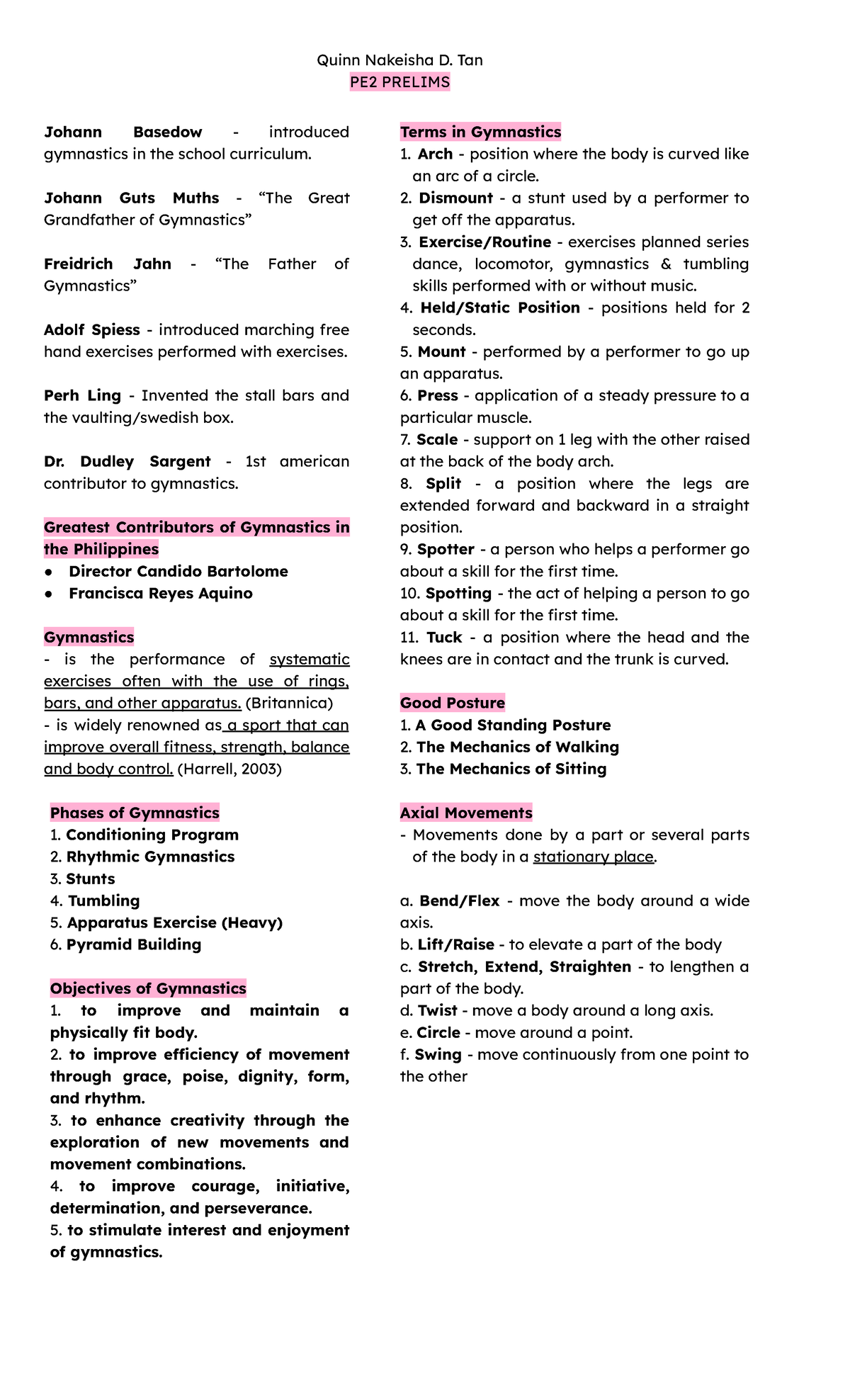 PE2 Prelims: Key Concepts and Contributors in Gymnastics - Studocu