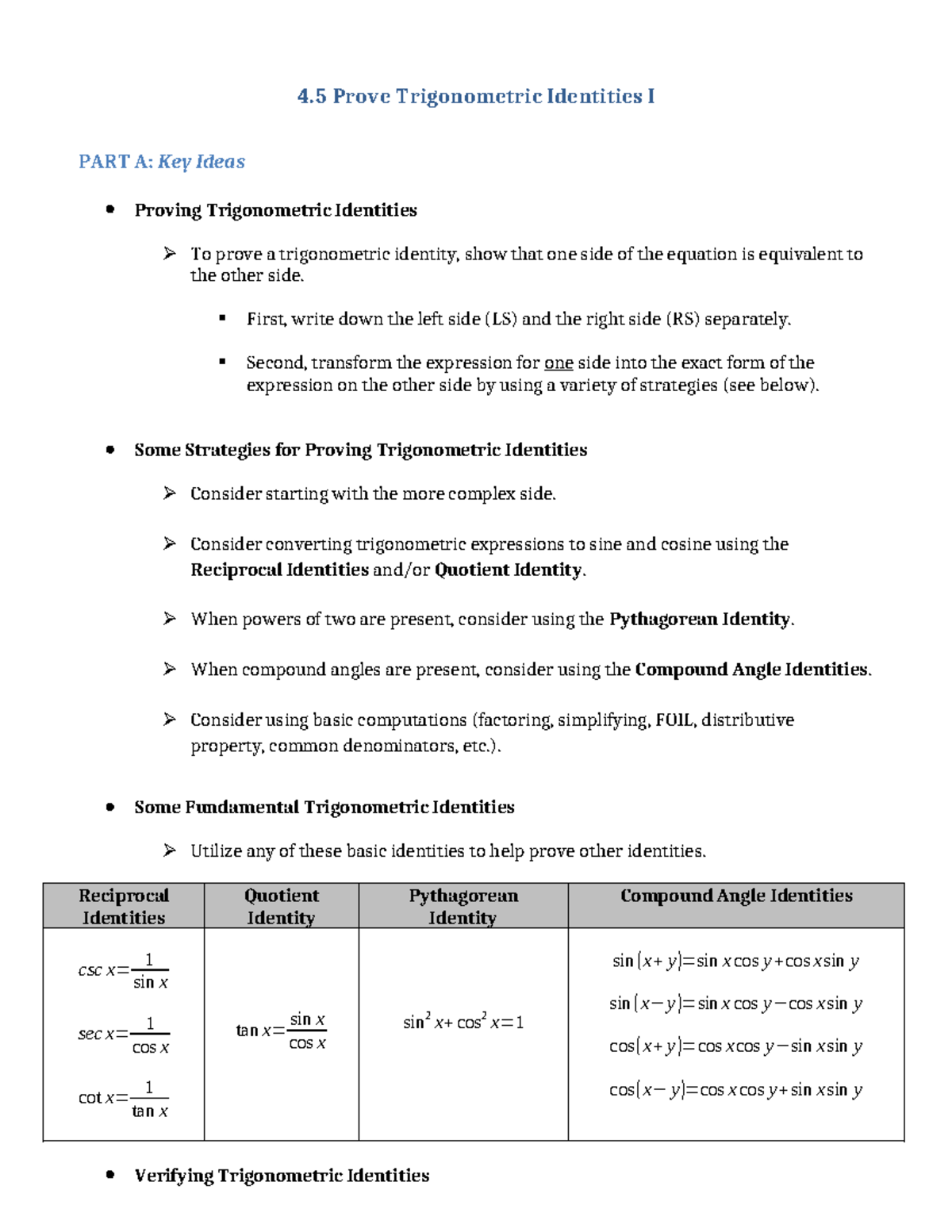4.5 Proving Trigonometric Identities I: Key Concepts & Strategies - Studocu