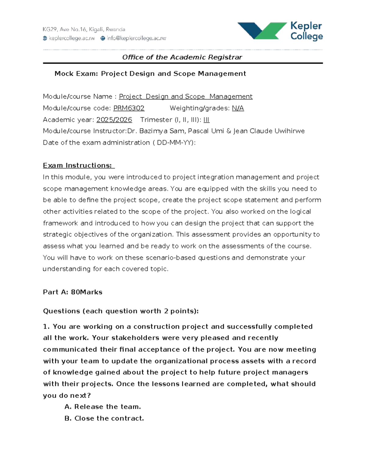 PRM6302 Project Design and Scope Management Mock Exam 2025 - Studocu