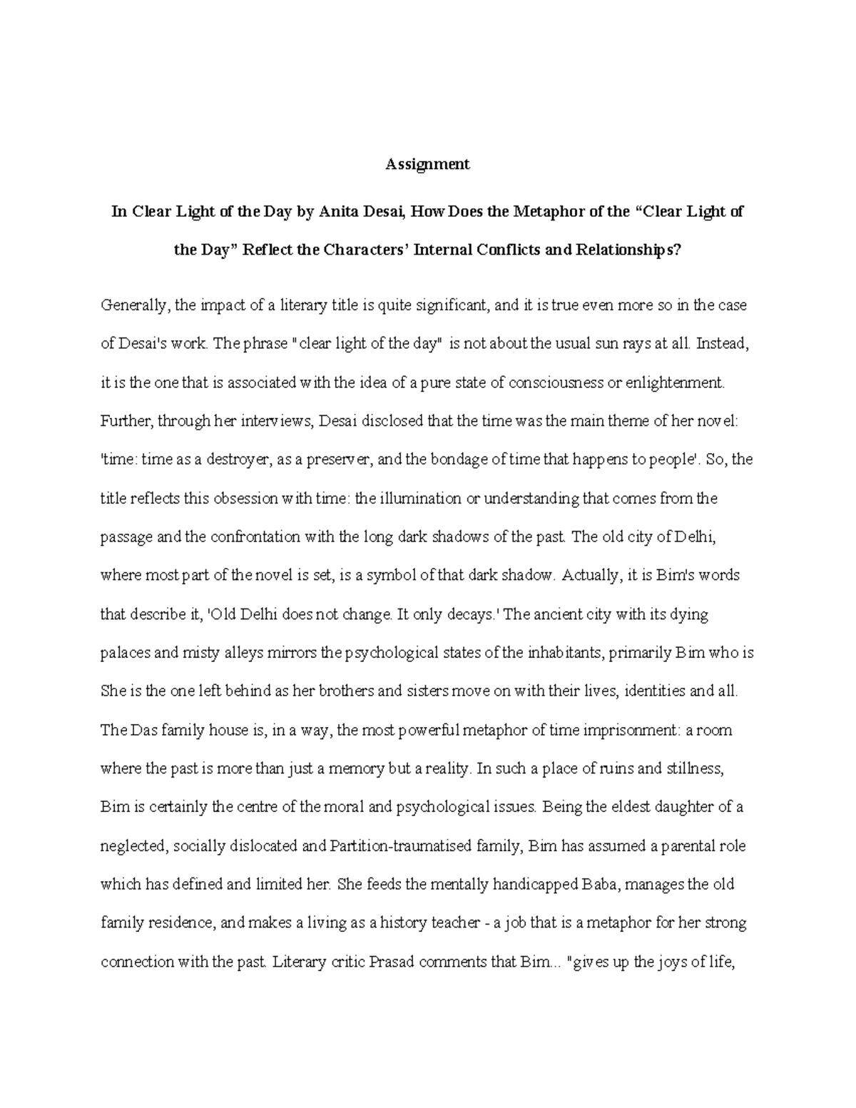 ENG 201: Essay Notes on "Clear Light of Day" by Anita Desai - Studocu