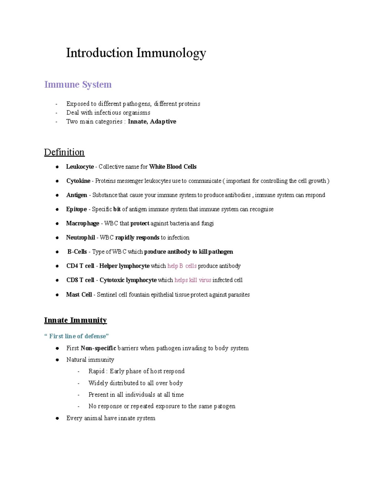 intro Immunology - Introduction Immunology Immune System - Exposed to ...