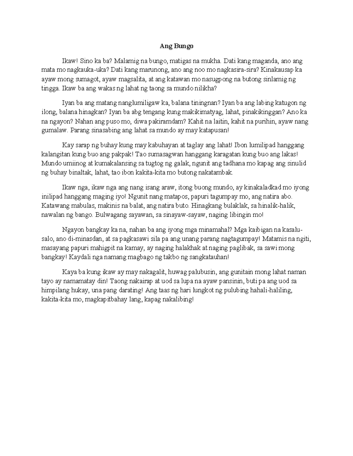 398465069 Declamation Analysis of "Ang Bungo" Selected Pieces - Studocu