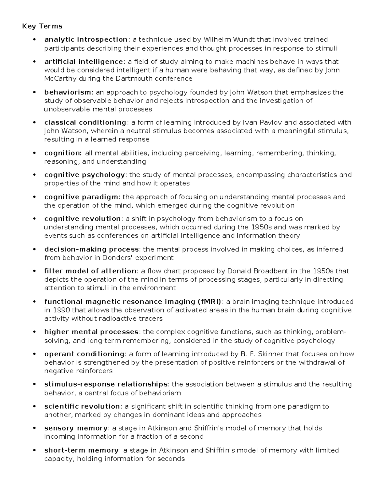 Key Terms - Key Terms analytic introspection: a technique used by Wilhelm Wundt that involved ...
