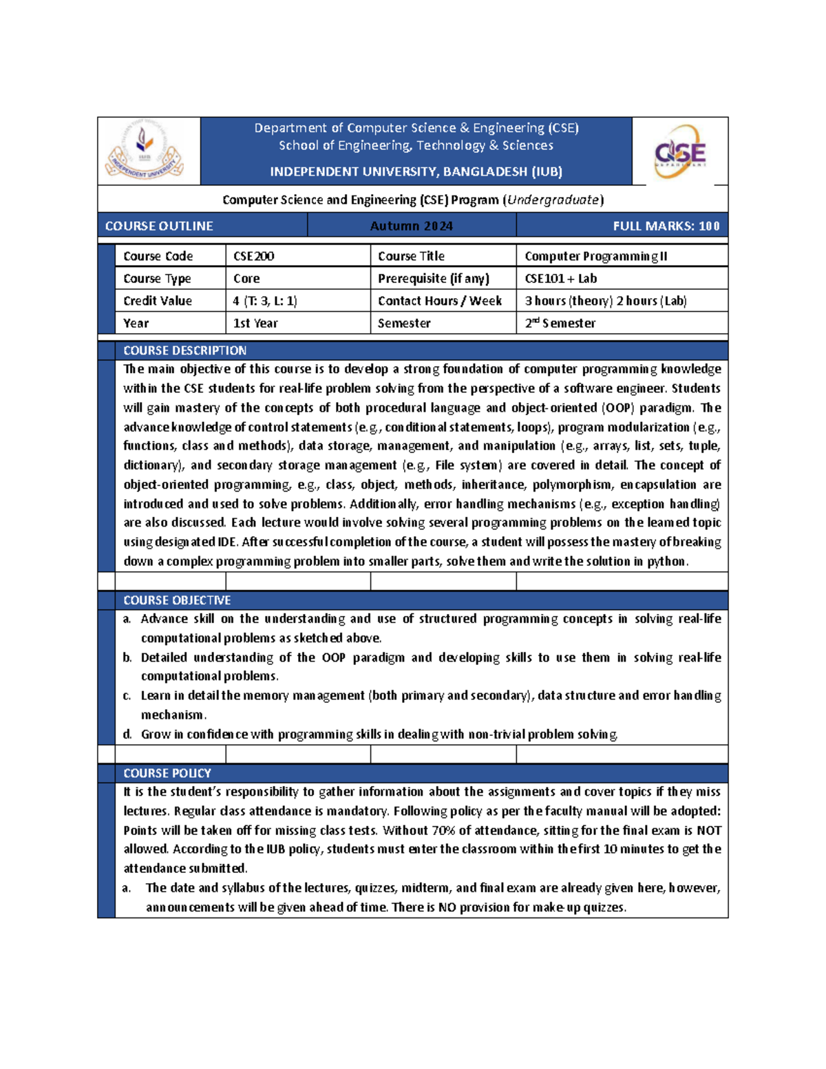 CSE200 Course Outline: Computer Programming II - Autumn 2024 - Studocu