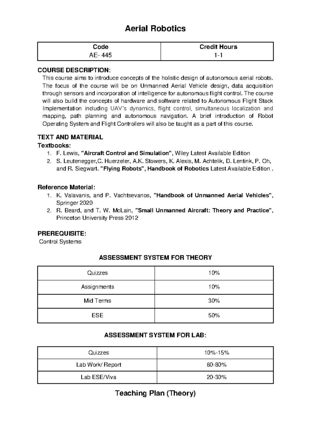 Aerial Robotics Syllabus (Course Code 445): Concepts & Design Overview ...