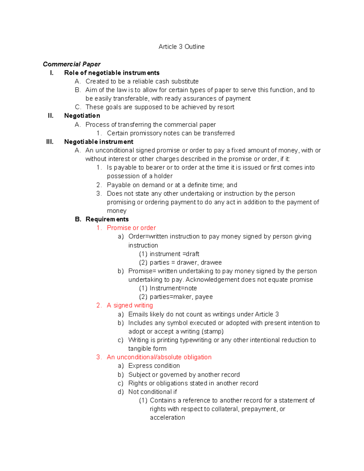 Commercial Law - Article 3 Outline: Understanding Commercial Paper ...