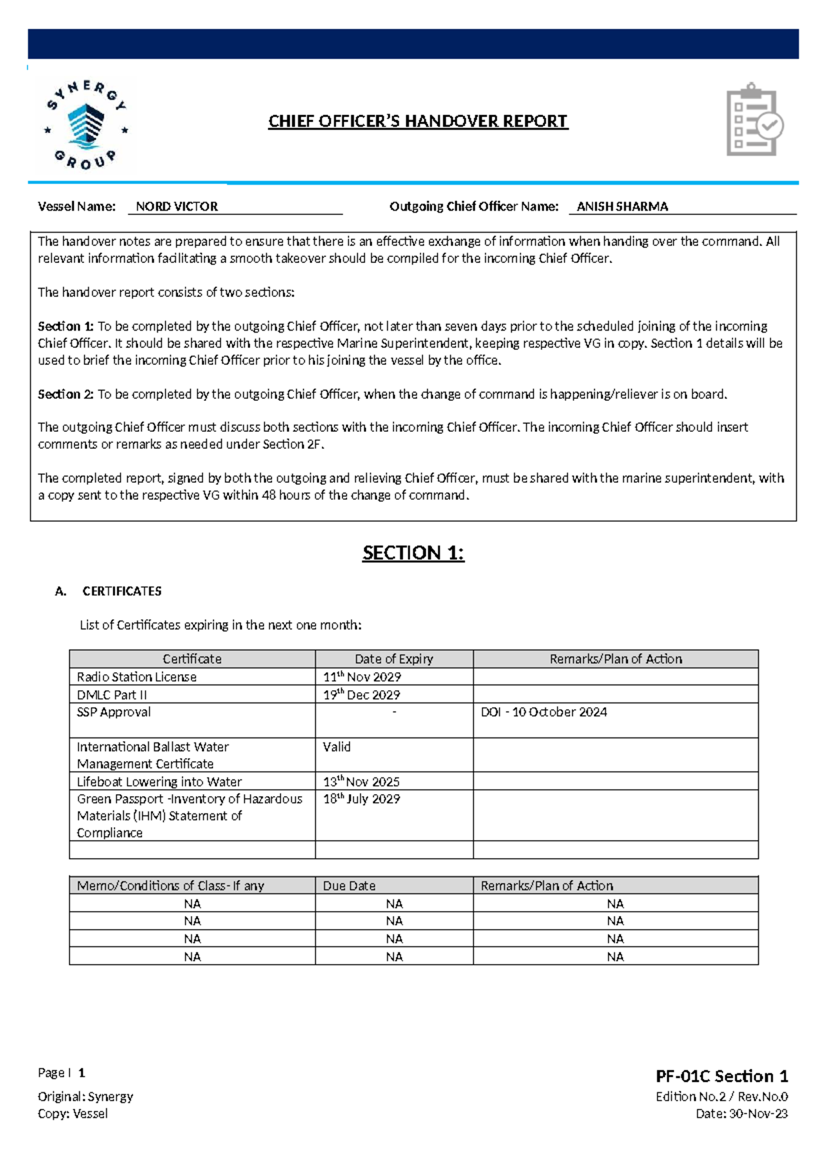 CHIEF OFFICER HANDOVER REPORT PF-01D: NORD VICTOR Details - Studocu