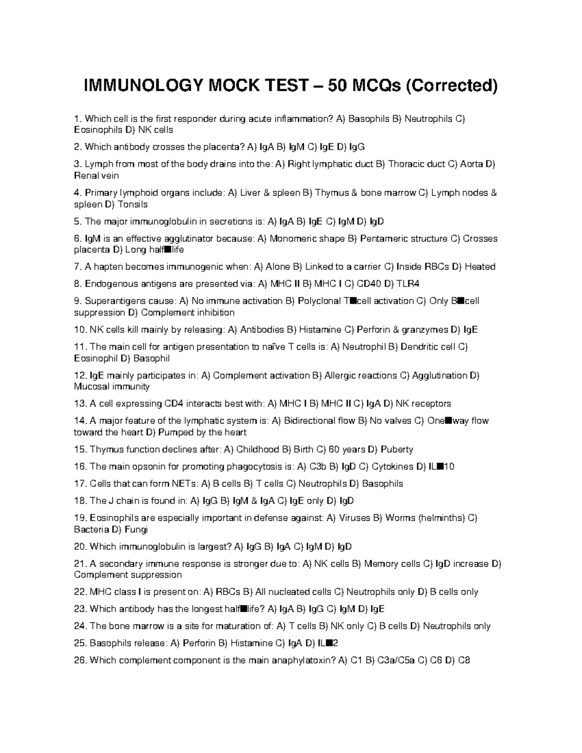 IMMUNOLOGY MOCK TEST 50 MCQs (Revised) - Studocu