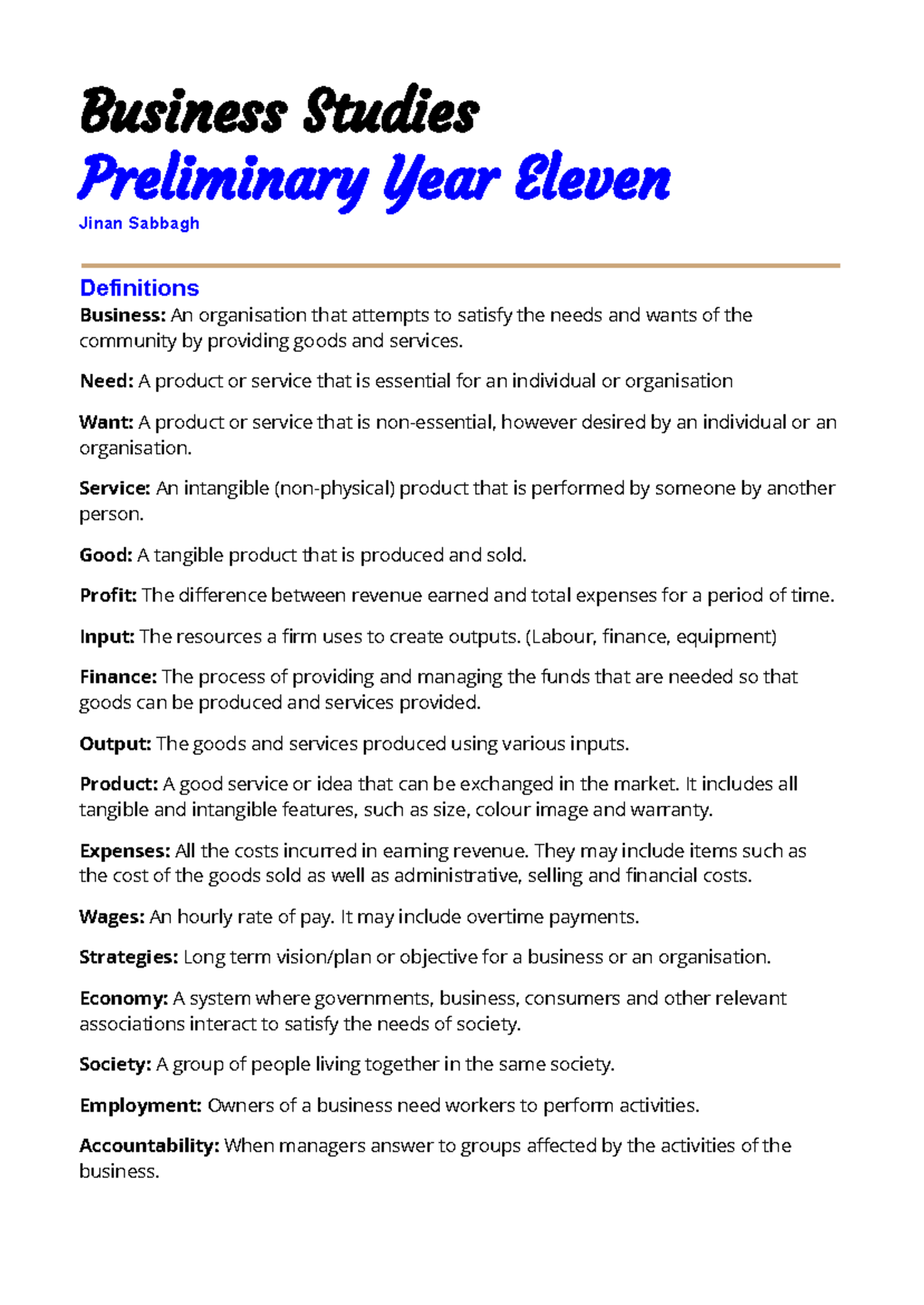 Prelim Business Studies Notes: Key Definitions and Concepts - Studocu