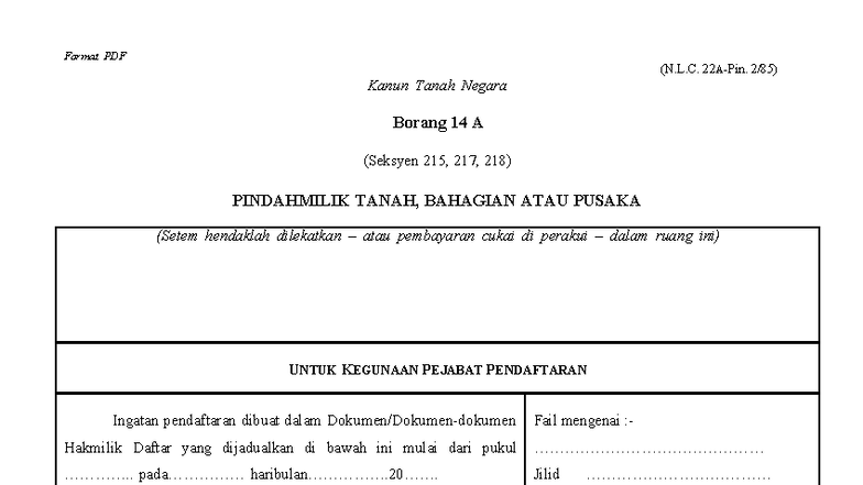 Template Borang 14A KTN untuk Pindahmilik Tanah dan Pusaka - Studocu